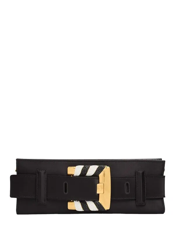 Balmain Anthem Slim Belted Satin Clutch - Black