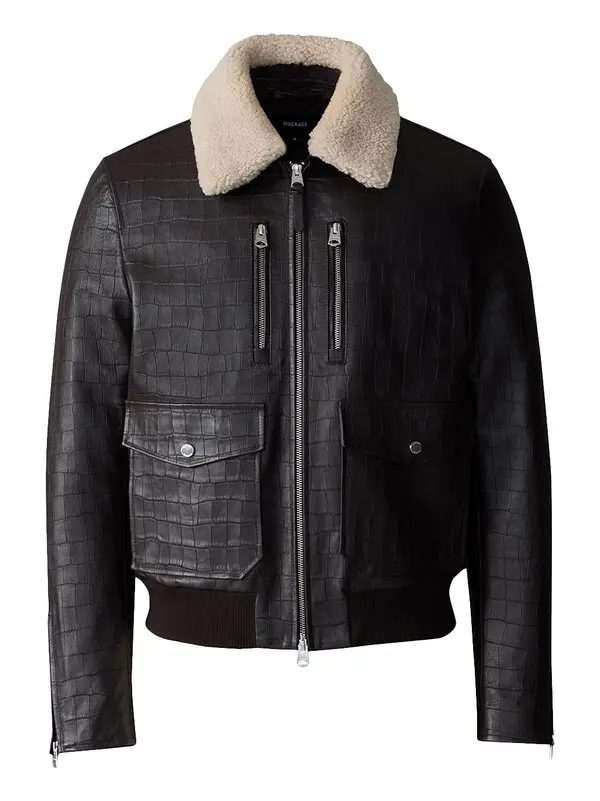 Mackage Chance-nv Croc-effect Leather Jacket With Shearling Collar - Coffee