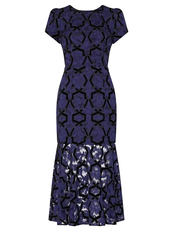 MILLY Tahlia Velvet Flocked Lace Maxi Dress - Navy/black