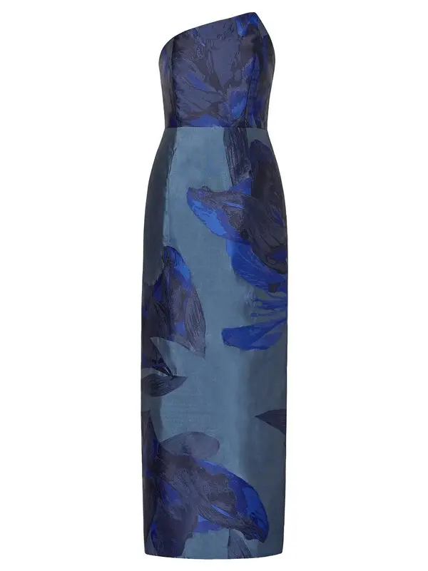 MILLY Asymmetrical Tropical Forest Jacquard Maxi Dress - Navy