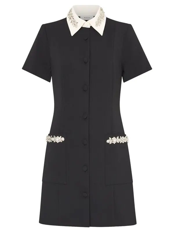 MILLY Sheelah Crystal Trim Mini Dress - Black/white