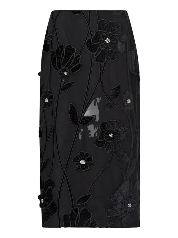 MILLY Rory Velvet Fleur Midi Skirt - Black
