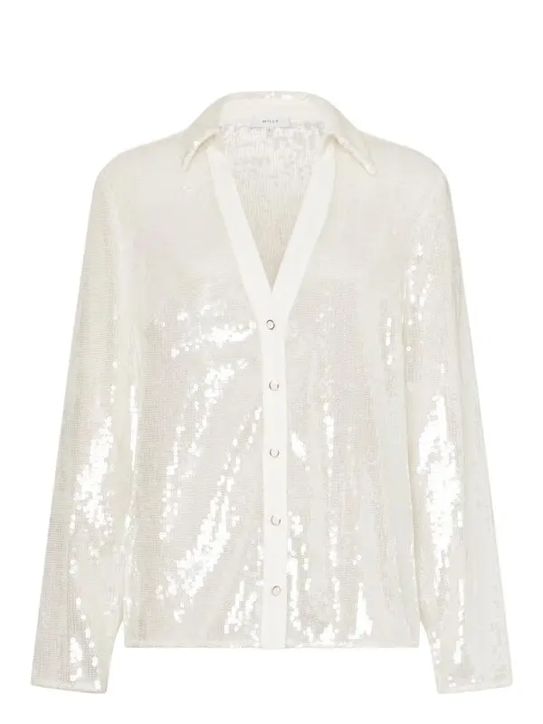 MILLY Sequin Embellished Button-down Blouse - White