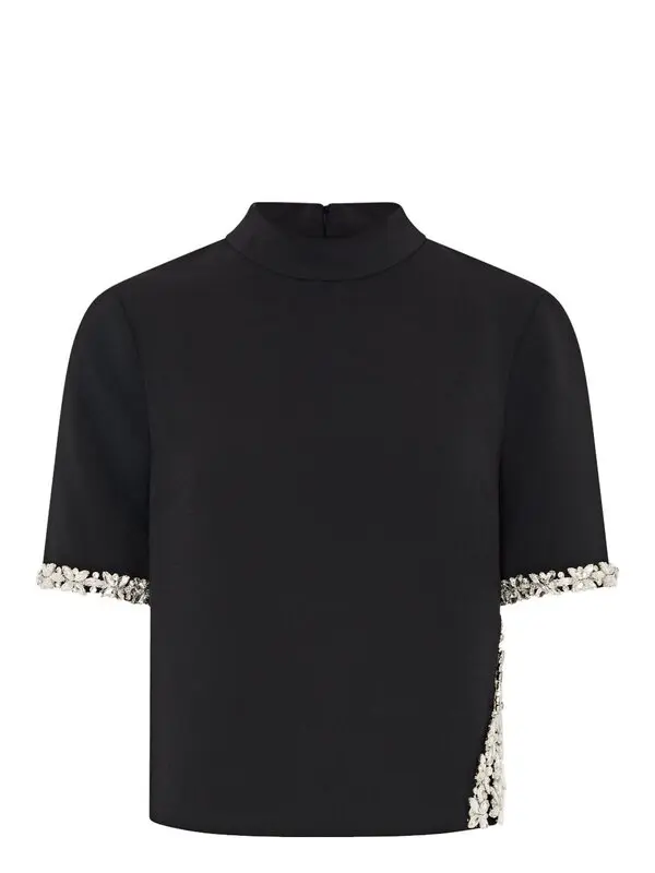 MILLY Rayna Crystal Trim Short Sleeve Top - Black