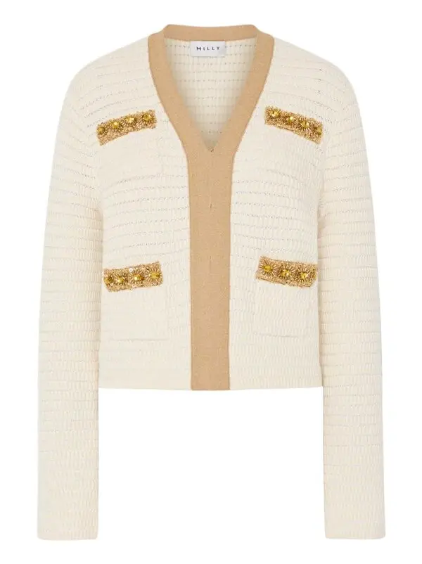 MILLY Reid Gold Embellished V-neck Cardigan - Ecru/gold