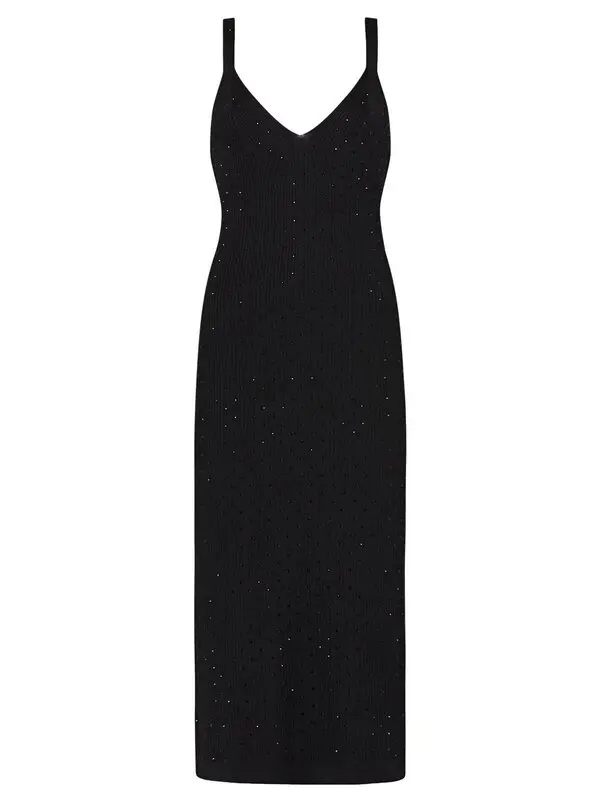 MILLY Rhinestone Knit Cami Midi Dress - Black