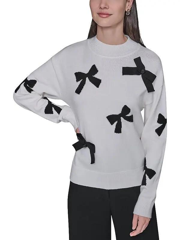 Karl Lagerfeld Paris 3d Bow Mock Neck Sweater - Soft White/black