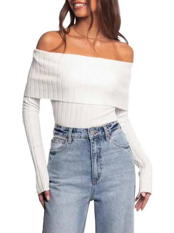 PETAL & PUP Inora Foldover Off-the-shoulder Ribbed Sweater - White