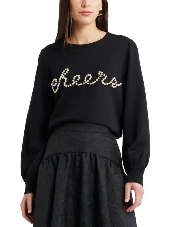 Caslon Balloon Sleeve Sweatshirt With Imitation Pearl Embellishment - Black Cheers Embellishment
