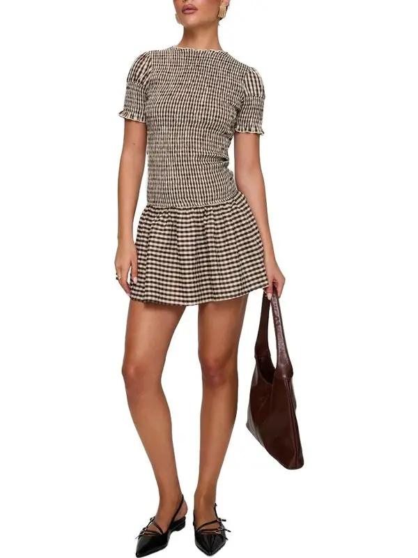 Princess Polly Laurita Gingham Smocked Mini Dress - Brown Check
