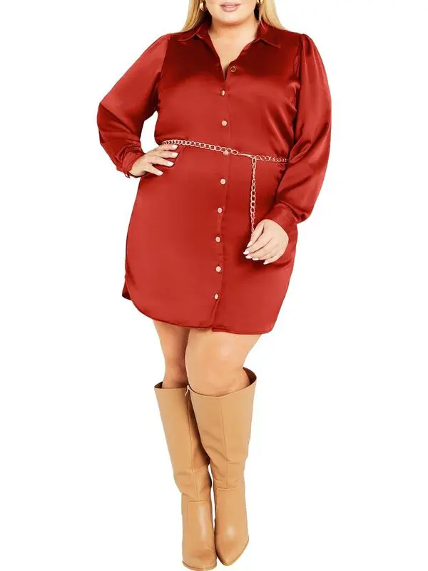 City Chic Harmoni Long Sleeve Satin Shirt Dress - Caramel