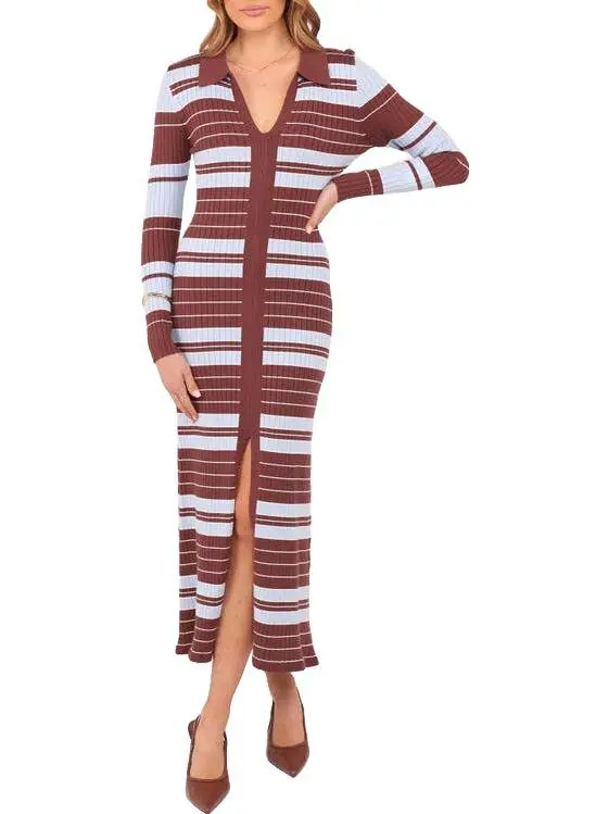 PETAL & PUP Eliana Stripe Long Sleeve Rib Maxi Dress - Brown Blue Stripe