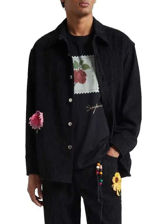 SONG FOR THE MUTE Floral Appliqué Corduroy Shirt Jacket - Black
