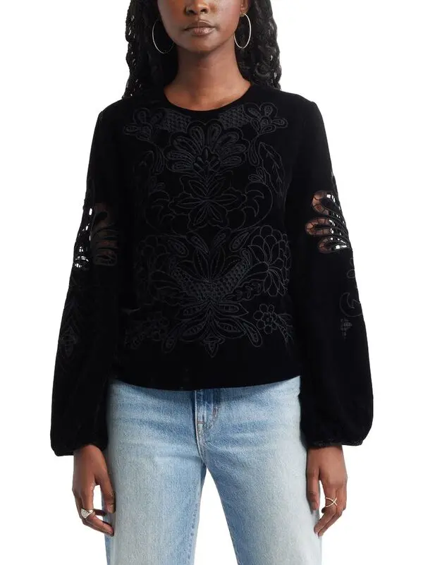 Treasure & Bond Velour Floral Cutwork Top - Black