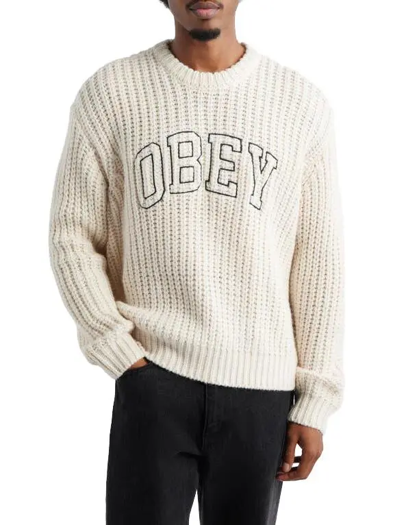 Obey Embroidered Collegiate Logo Crewneck Sweater - Whisper White Multi