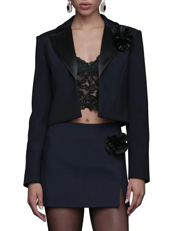 Avec Les Filles Cropped Blazer With Floral Embellishment - Navy - Black
