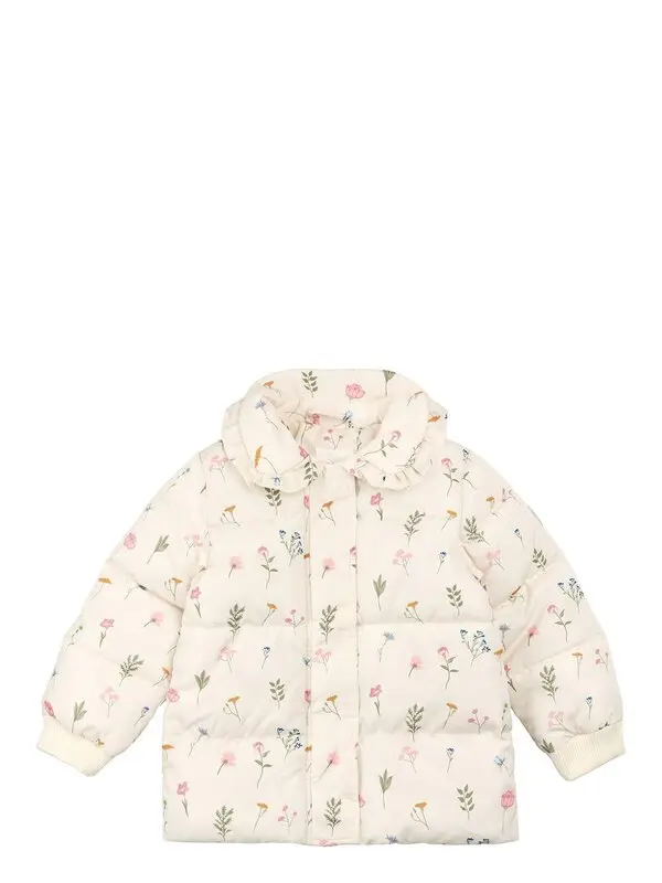 MILES THE LABEL Floral Quilted Puffer Coat With Ruffled Collar - Beige