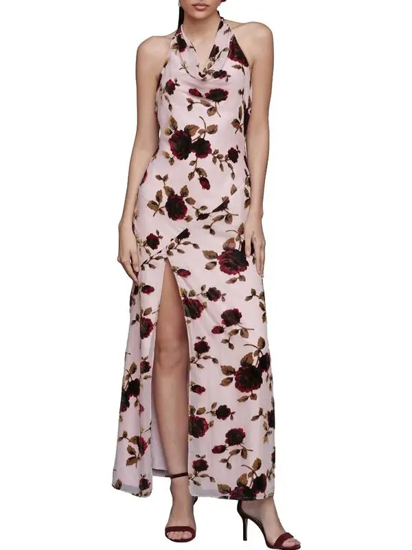 Avec Les Filles Floral Devoré Halter Maxi Dress - Rose Burnout