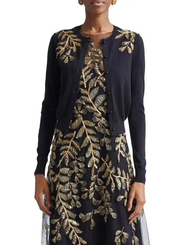 Carolina Herrera Leaf Embroidered Silk & Cotton Cardigan - Black/gold