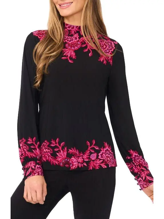 CECE DUPRAZ Placement Floral Mock Neck Top - Rich Black