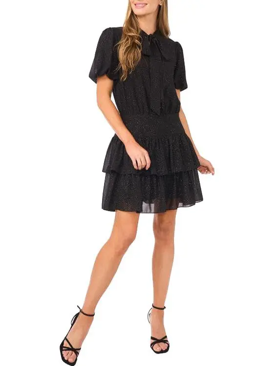 CECE DUPRAZ Sparkly Puff Sleeve Tie Neck Tiered Dress - Rich Black