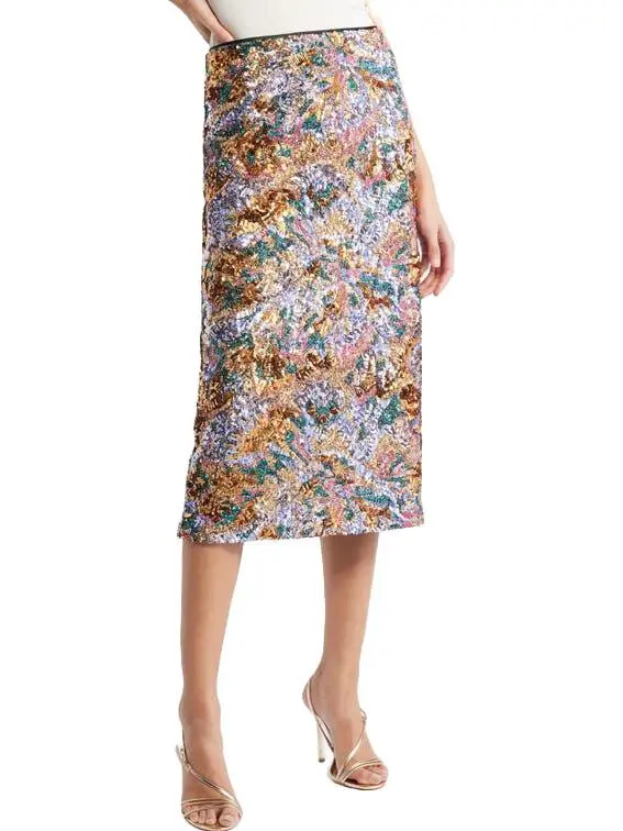 Elie Tahari Adrianne Sequin Midi Skirt - Abstract Floral Sequin