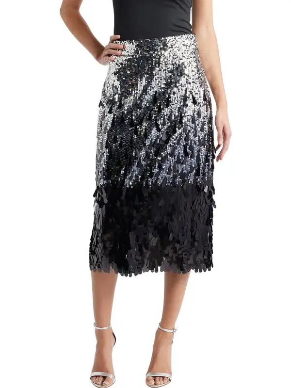 Elie Tahari The Beatrice Sequin Midi Skirt - Silver/noir Ombre