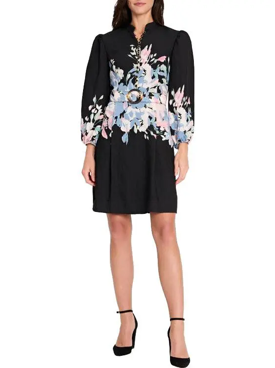 TAHARI ASL Printed Belted Long Sleeve Dress - Black Blue Pink