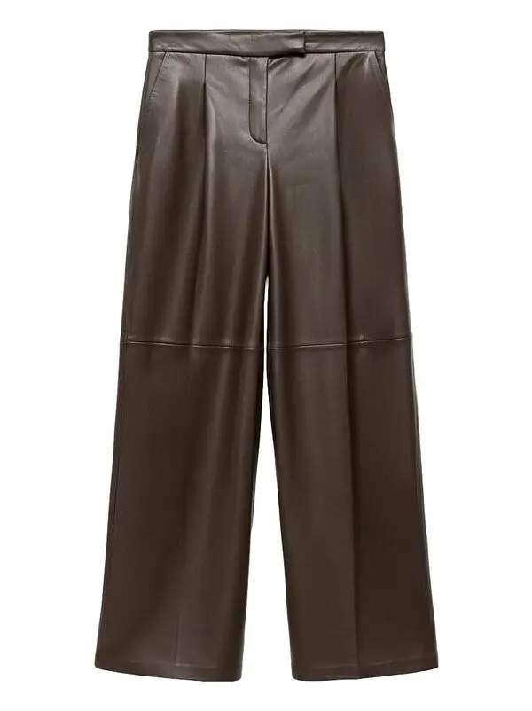 Mango Wide Leg Faux Leather Trousers - Khaki Brown
