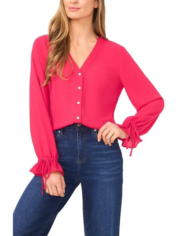 CECE DUPRAZ Tie Cuff Button-up Top - Ruby Blush