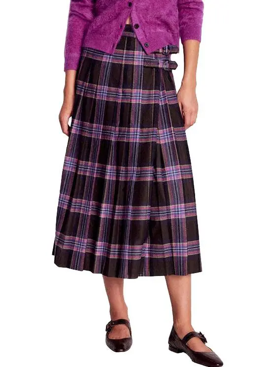 Boden Josephine Wool Blend Kilt Skirt - Brown Blue/pink Check