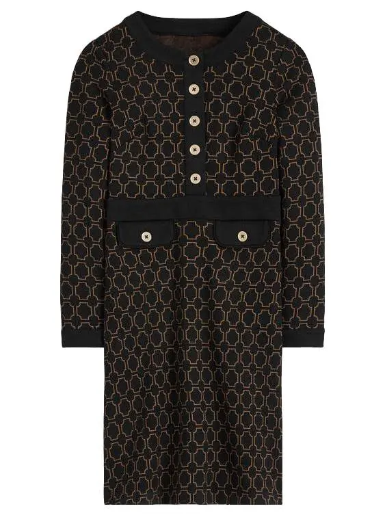 Boden Lavinia Geo Print Long Sleeve Knit Dress - Black/camel Jacquard