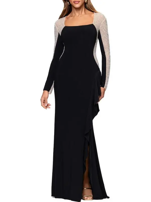 XSCAPE EVENINGS Beaded Long Sleeve Mermaid Gown - Black/beige/silver
