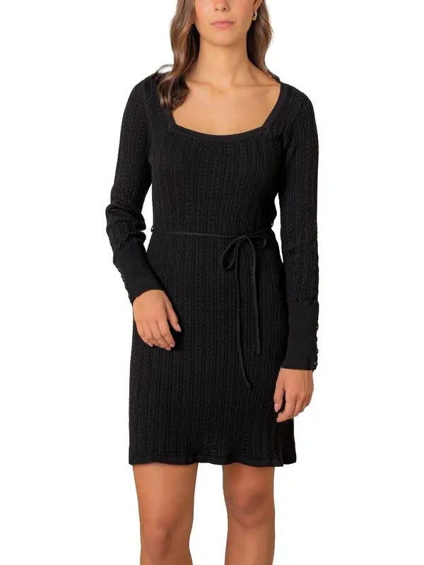 HOPE & HENRY Organic Square Neck Cable Sweater Dress - Black