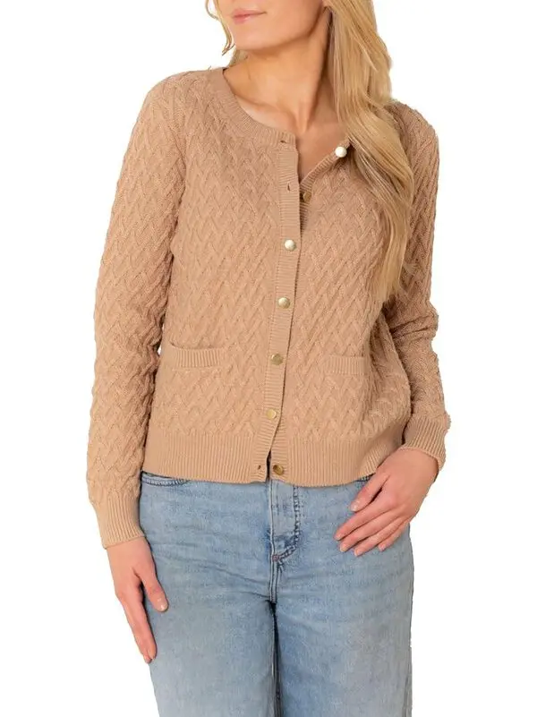 HOPE & HENRY Organic Herringbone Stitch Cardigan Sweater - Camel Heather