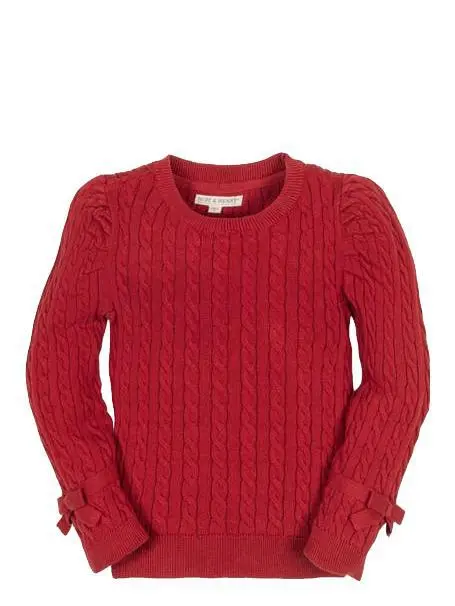 HOPE & HENRY Organic Long Puff Sleeve Sweater With Bow Detail - Red Cable