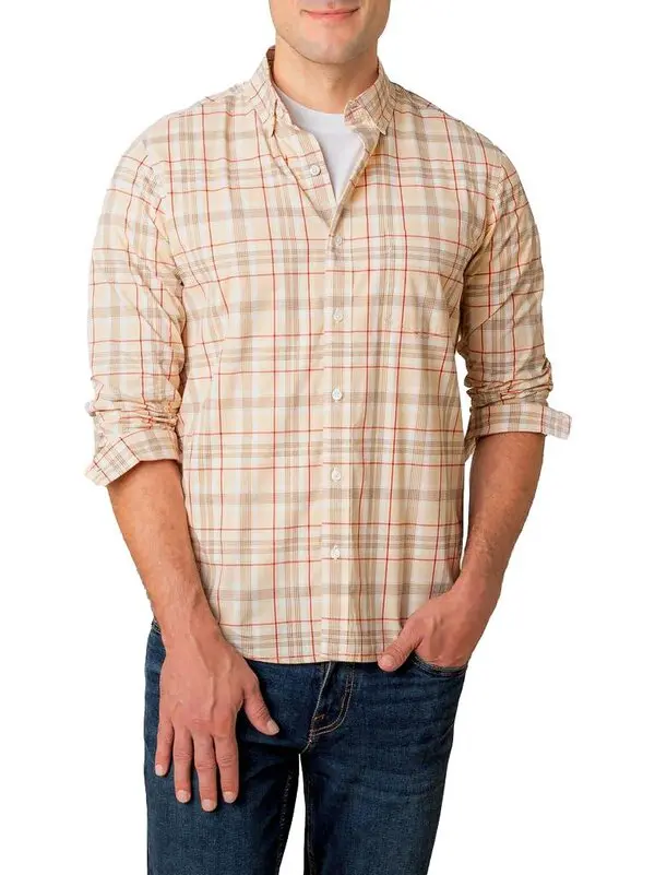 HOPE & HENRY Organic Long Sleeve Stretch Poplin Button Down Shirt - Fireside Plaid