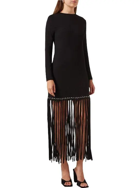 NO PISE LA GRAMA Long Sleeve T-shirt Dress With Fringe - Black