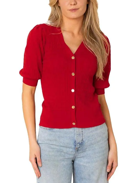 HOPE & HENRY Organic Puff Sleeve Button-front Sweater - Red Cable
