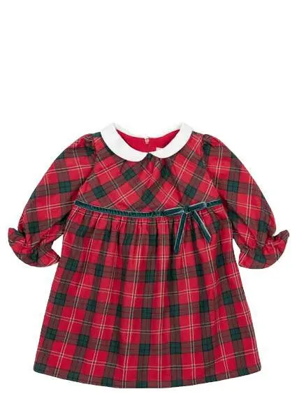 HOPE & HENRY Organic Peter Pan Collar Dress With Ruffle Cuffs - London Plaid