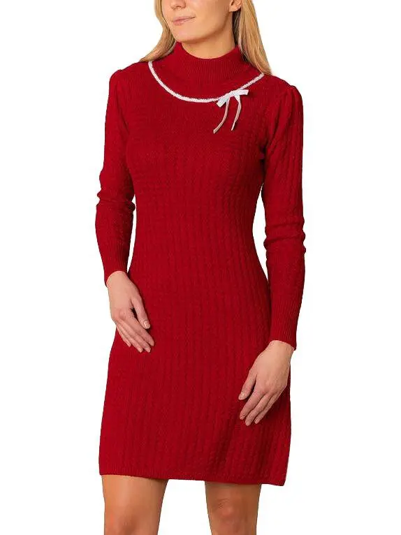 HOPE & HENRY Organic Mock Neck Cable Knit Sweater Dress - Red Cable