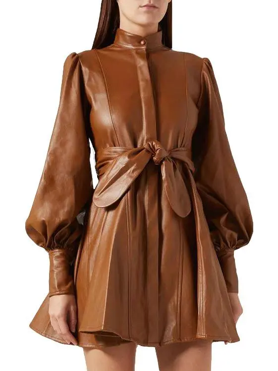 NO PISE LA GRAMA Hola Vegan Leather Mini Dress - Caramel