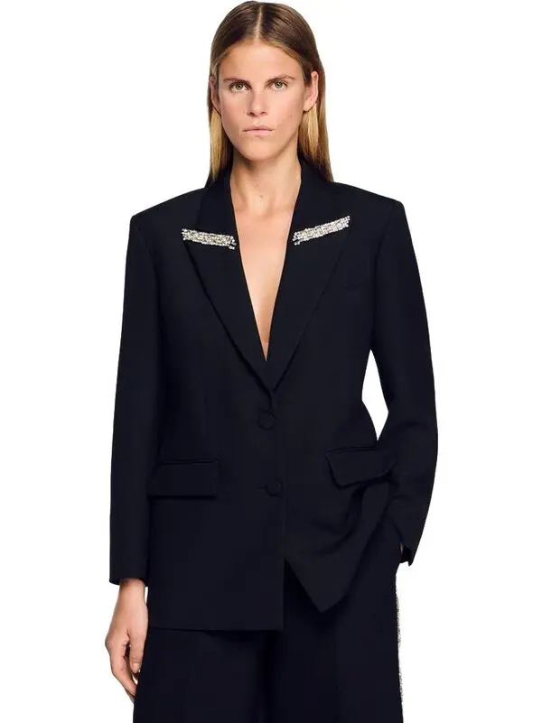 Sandro Tuxedo Jacket With Rhinestone Collar - Black