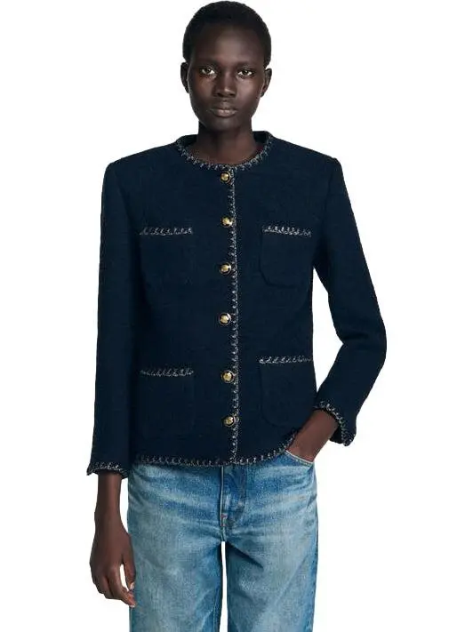 Sandro Tweed Jacket With Removable Collar - Navy Blue