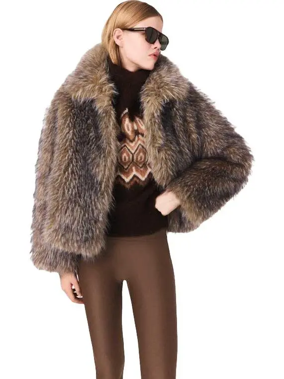Maje Short Faux Fur Jacket - Brown/grey