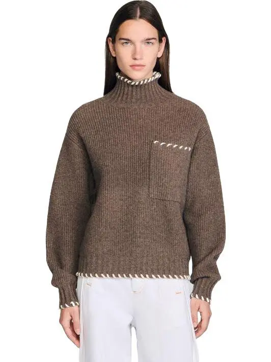 Sandro Oversized Turtleneck Fine Knit Sweater - Brown