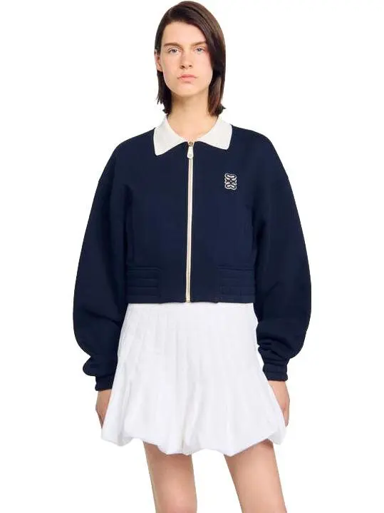 Sandro Cropped Two-tone Smocked Sweatshirt - Deep Blu