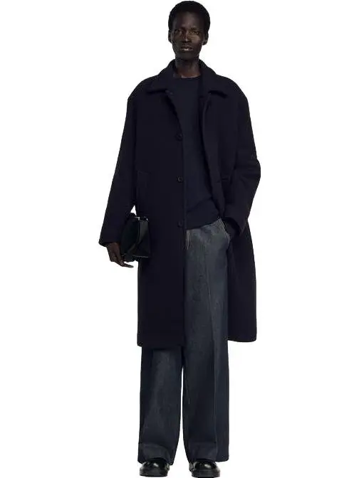 Sandro Wool And Cashmere Buttoned Coat - Navy Blue