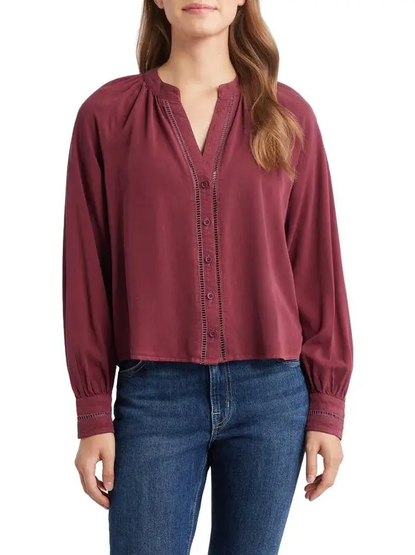 CLOTH & STONE Shirred Button-up Shirt - Merlot Harvest