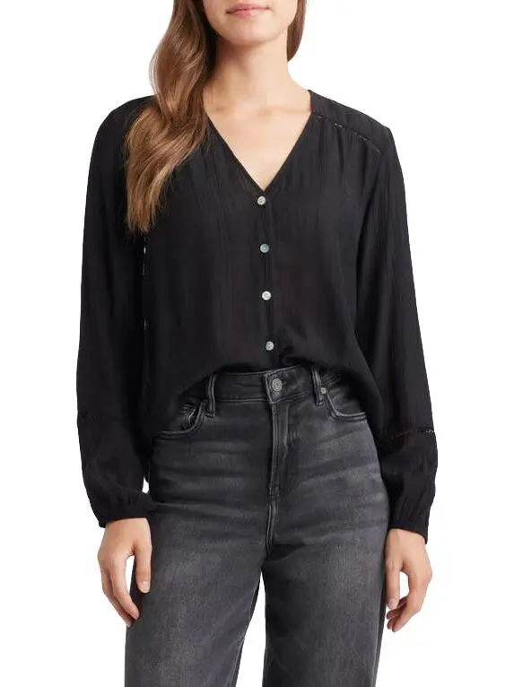 CLOTH & STONE Ladder Stitch Front Button Top - Black